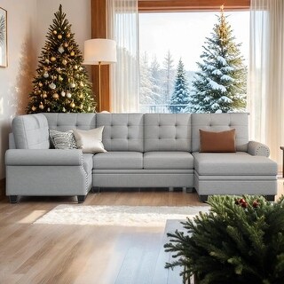 120" U-Shaped Linen Sectional Sofa, Tufted Back, Nailhead Trim, Grey - Bed Bath & Beyond - 40966490